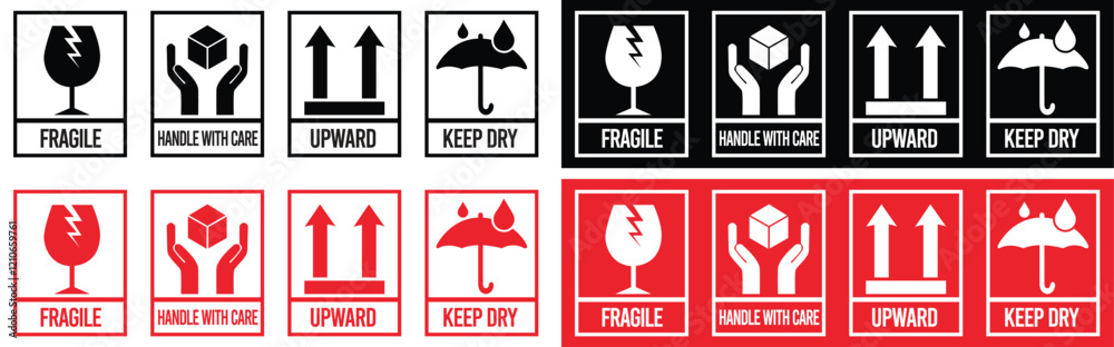 Fragile package icons set, handle with care logistics and delivery shipping labels. Fragile box ...