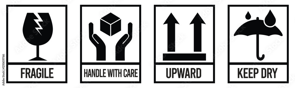 Fragile package icons set, handle with care logistics and delivery shipping labels. Fragile box ...