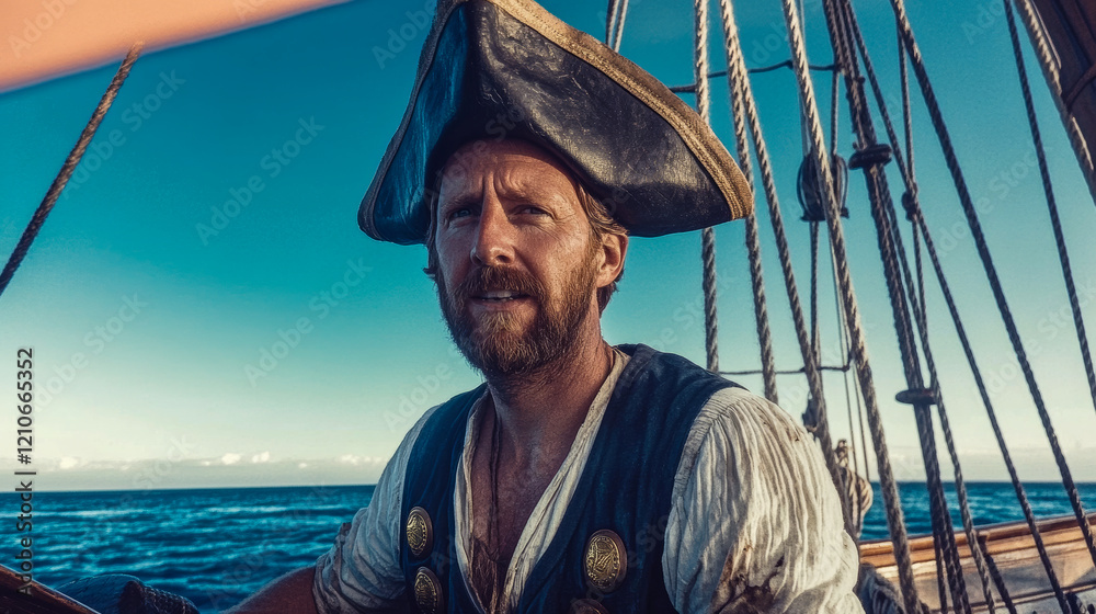 Pirate captain navigating the ocean aboard a historic ship during a ...