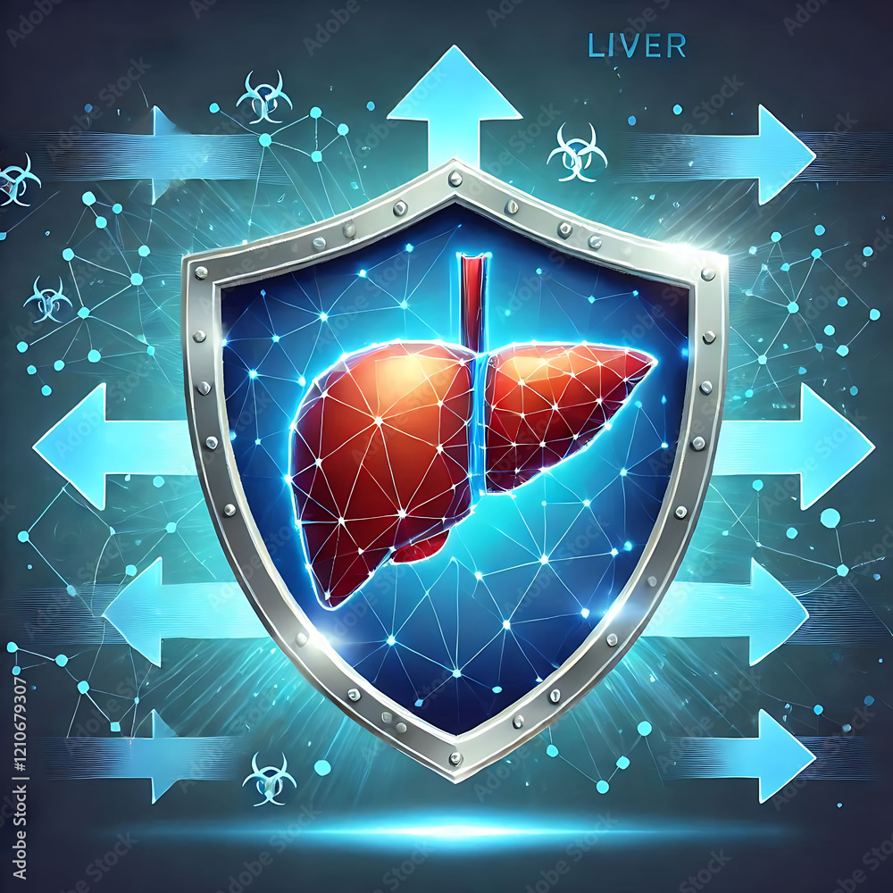 Human liver anatomy organ translucent low poly triangle inside shield ...