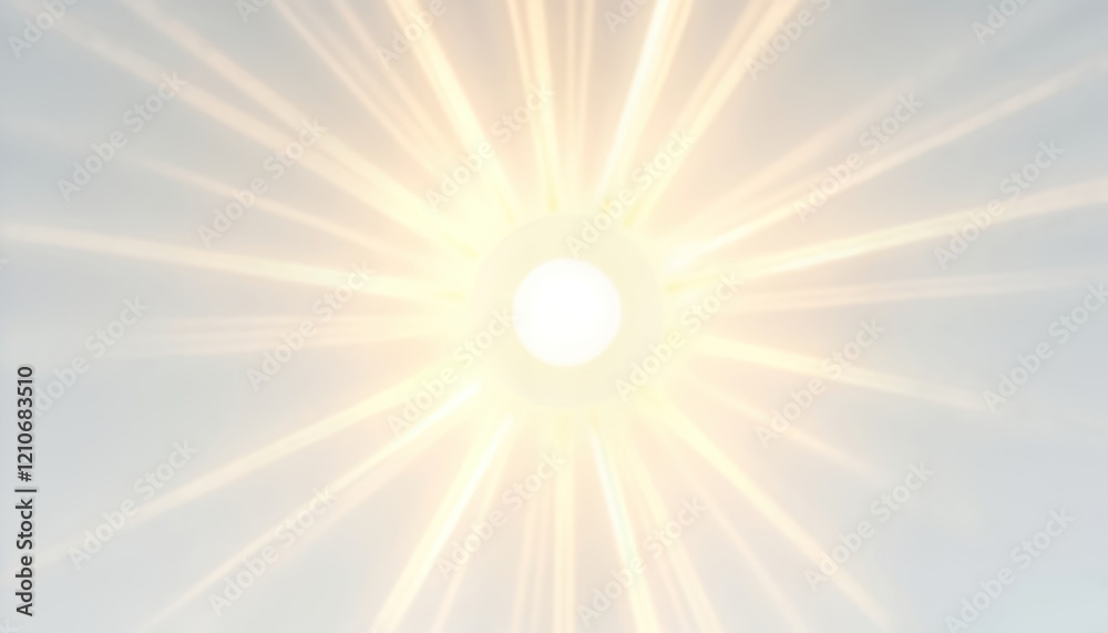 Abstract image shows golden light with glare. Sun rays burst outwards ...