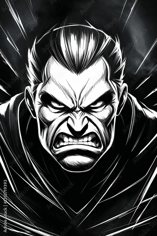 Powerful black and white illustration of an angry character displaying ...