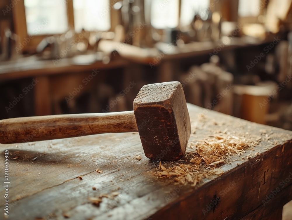 Old wooden mallet lies on a rustic workbench, surrounded by wood ...
