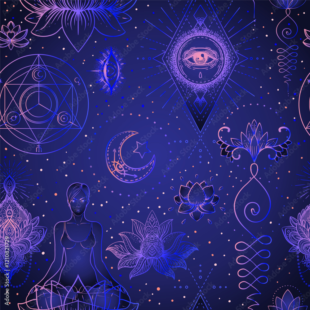 Sacred Geometry seamless pattern. Hindu symbols of wisdom and path to ...