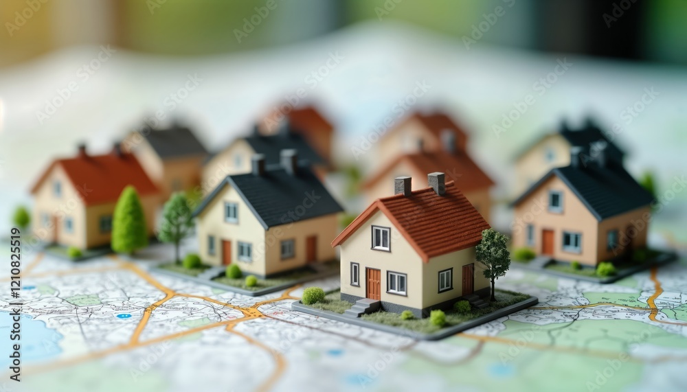 Miniature houses arranged on map model representing city. Planning real ...