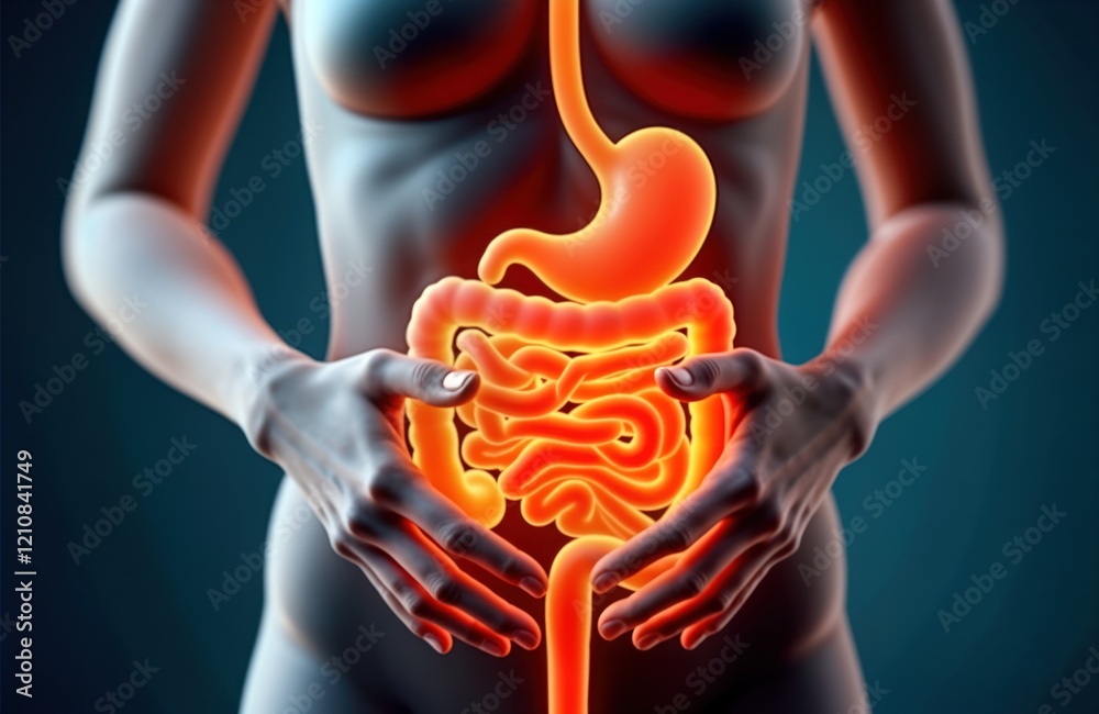 Human digestive system highlighted with glowing organs like stomach ...