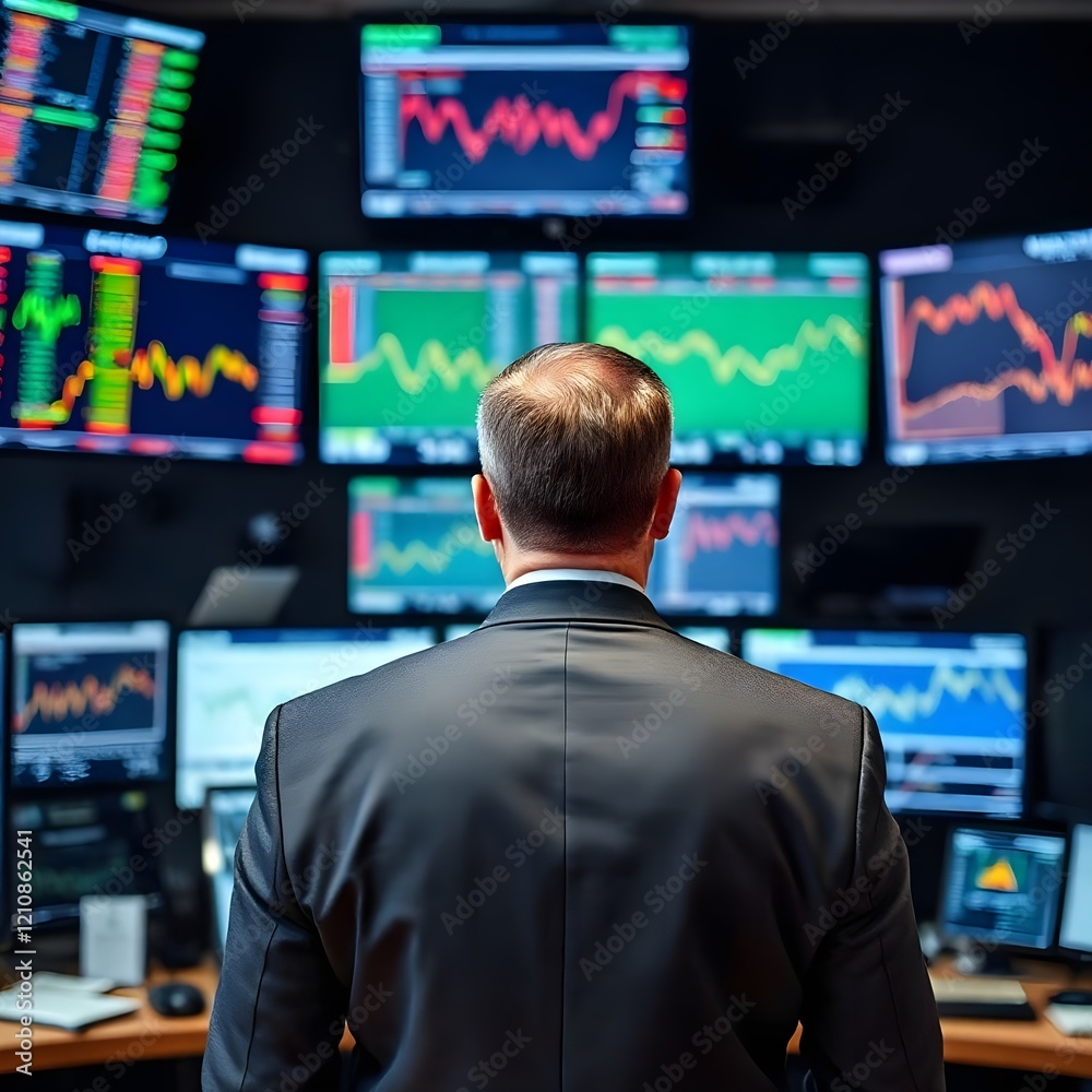 Esta es la apariencia de un trader de inversiones. Es un hombre, y la vista visible muestra su ...