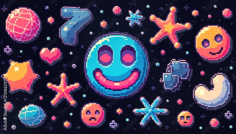 Pixel art sticker collection features various 8-bit style elements ...