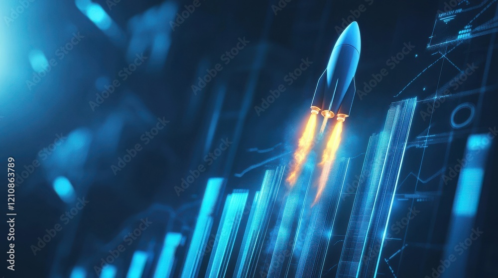 Growing bar chart with rocket moving up. Abstract rocket launch and ...