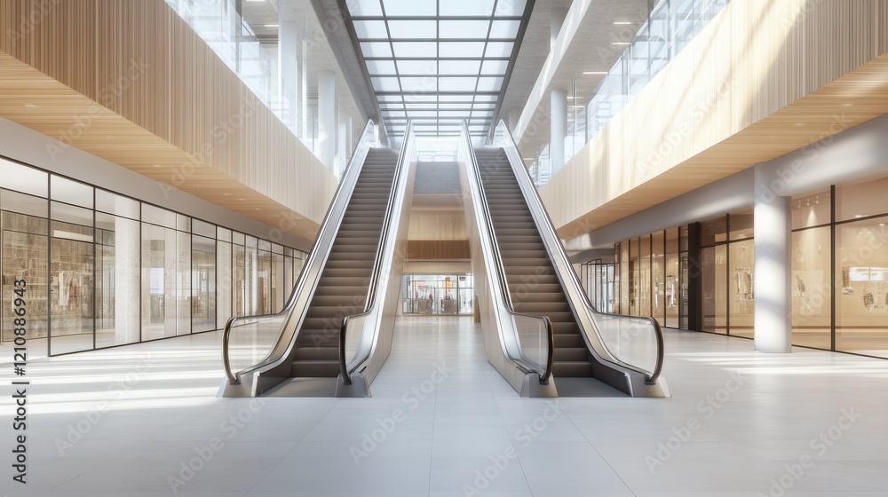 Light wooden and concrete empty shopping mall interior with escalator ...