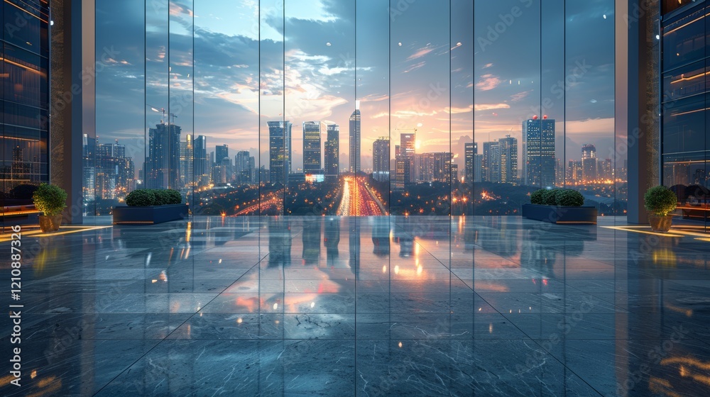 Modern Cityscape with Urban Plaza. Twilight ambiance captured in a ...