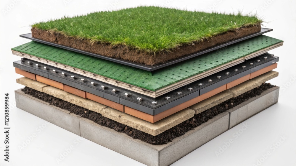 A closeup showing the layers of the green roof system with visible ...