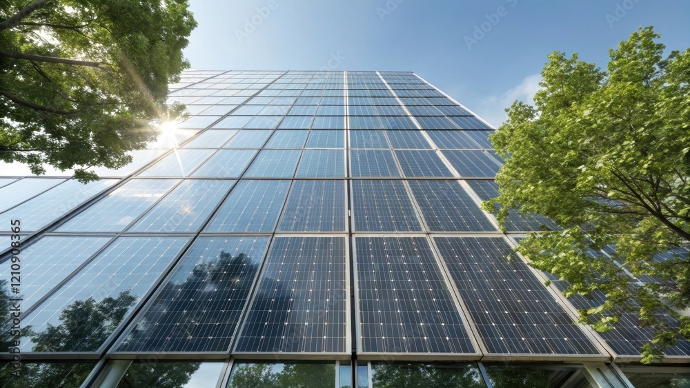 Medium closeup of solar panels seamlessly integrated into the glass ...