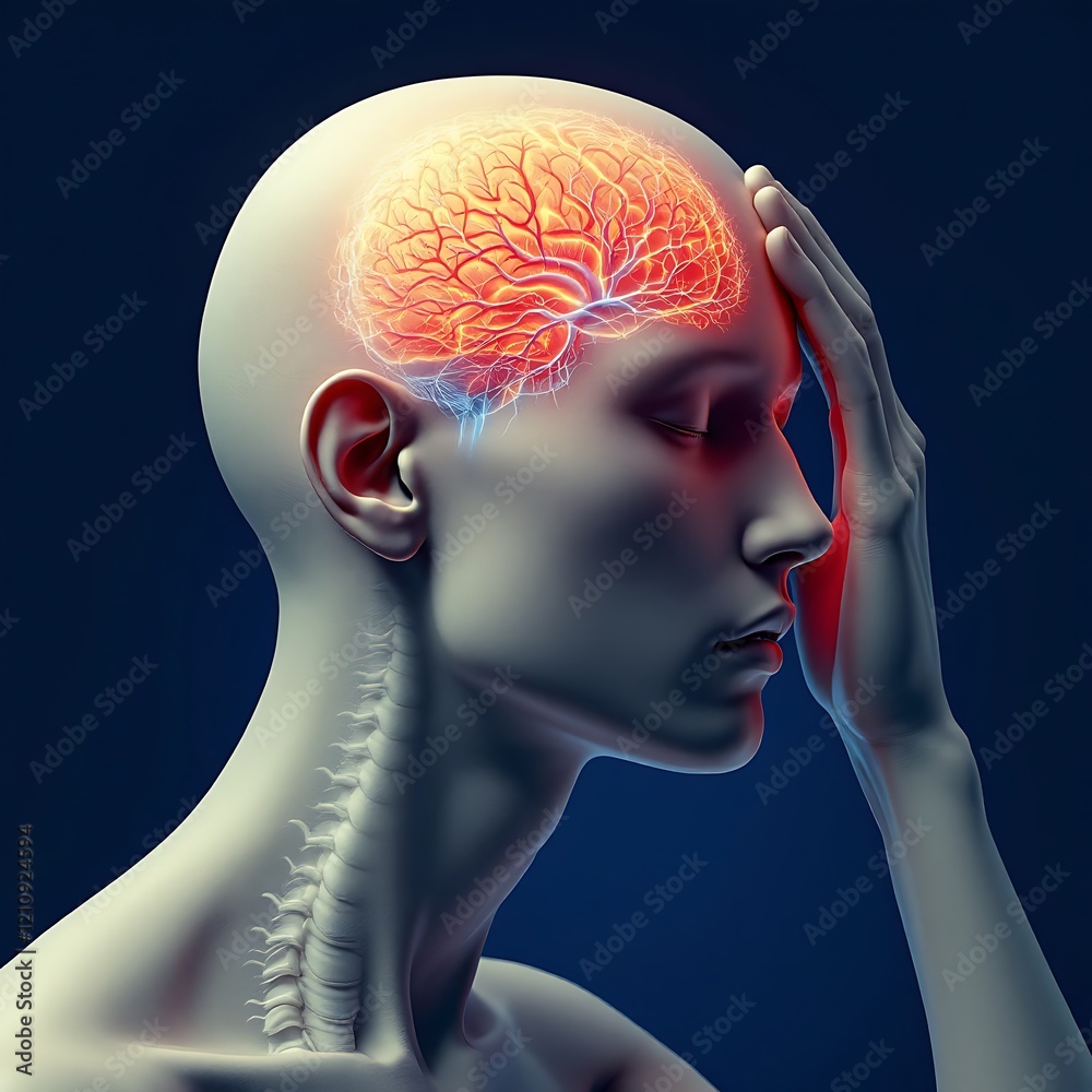 Medical Illustration: Human Head with Illuminated Brain and Spinal Cord ...