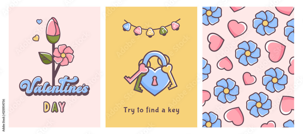 Set of Valentine posters. Valentine's Day cards. Lock heart clipart ...