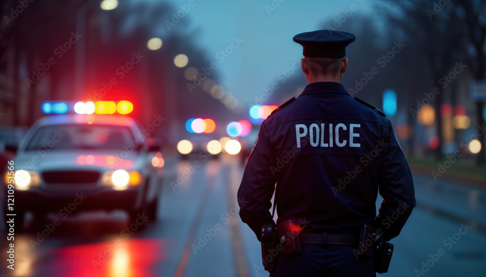 Alert police officer stands on city street at night. Emergency vehicles ...