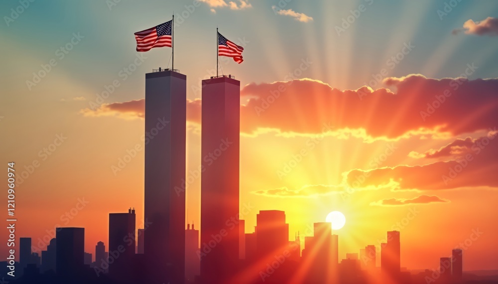 Sunrise reflects on Twin Towers silhouettes. American flags wave gently ...
