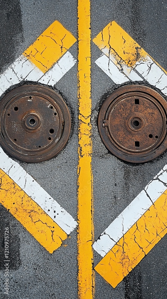 Road with markings and two manhole covers for utilities background ...