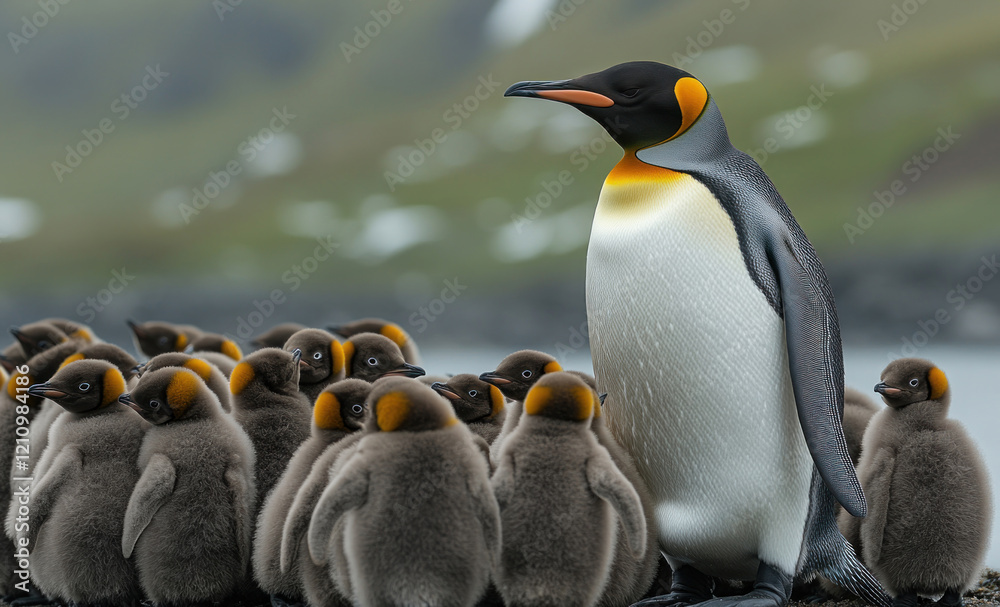 Emperor penguin with a group of chicks. The adult penguin stands out ...