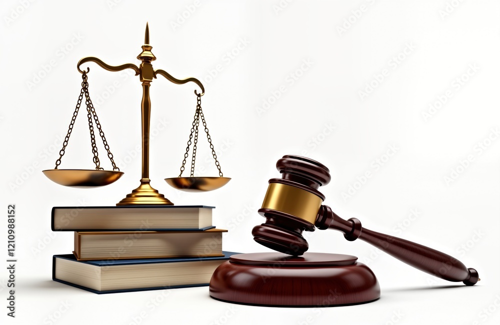 Justice concept image shows golden scales of justice, wooden gavel on ...