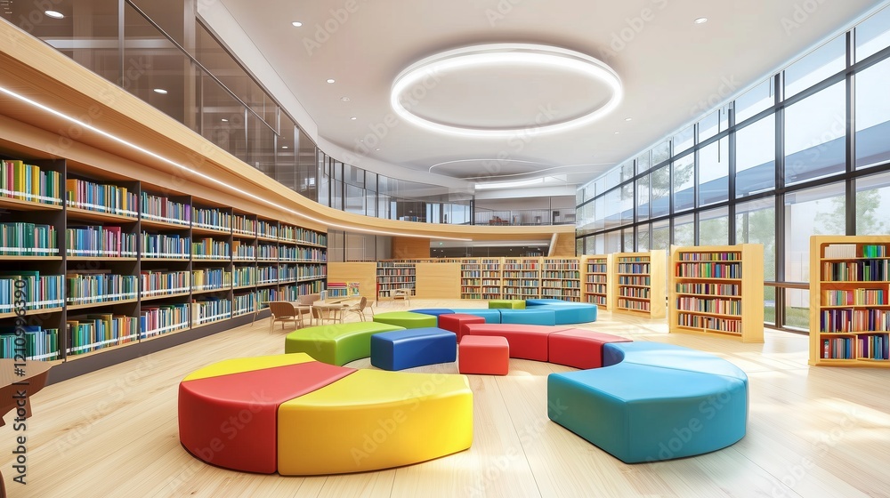 Colorful seating arrangements invite children to explore books in a ...
