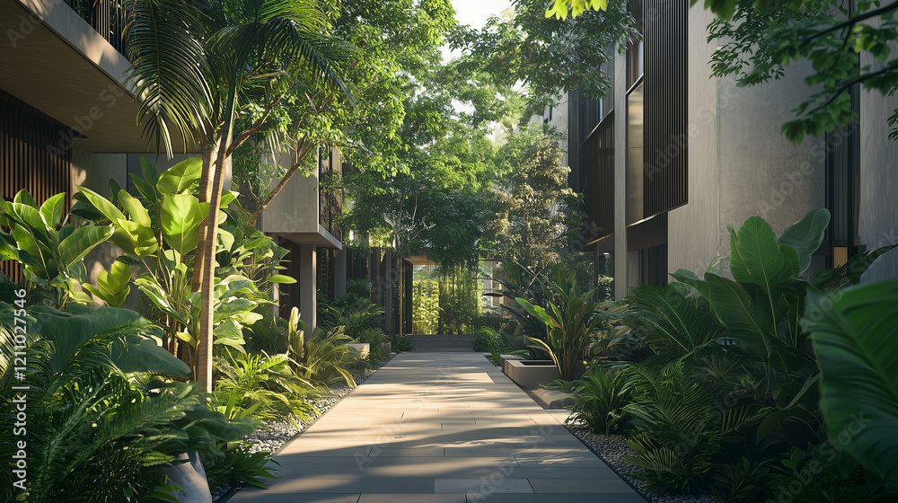 Lush Tropical Courtyard Modern Apartment Building Green Pathway ...