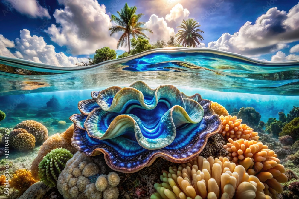 Ocean's beauty revealed: a giant clam in a double exposure, merging ...