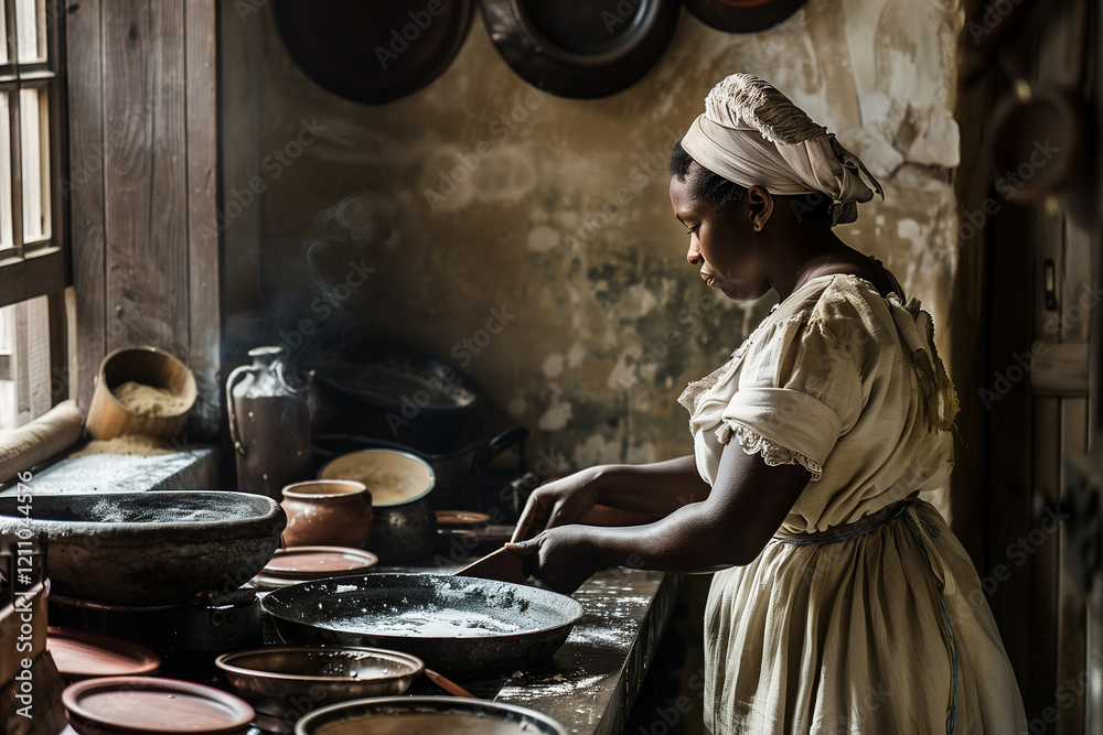 African Slave Cook working in colonial era kitchen highlighting ...