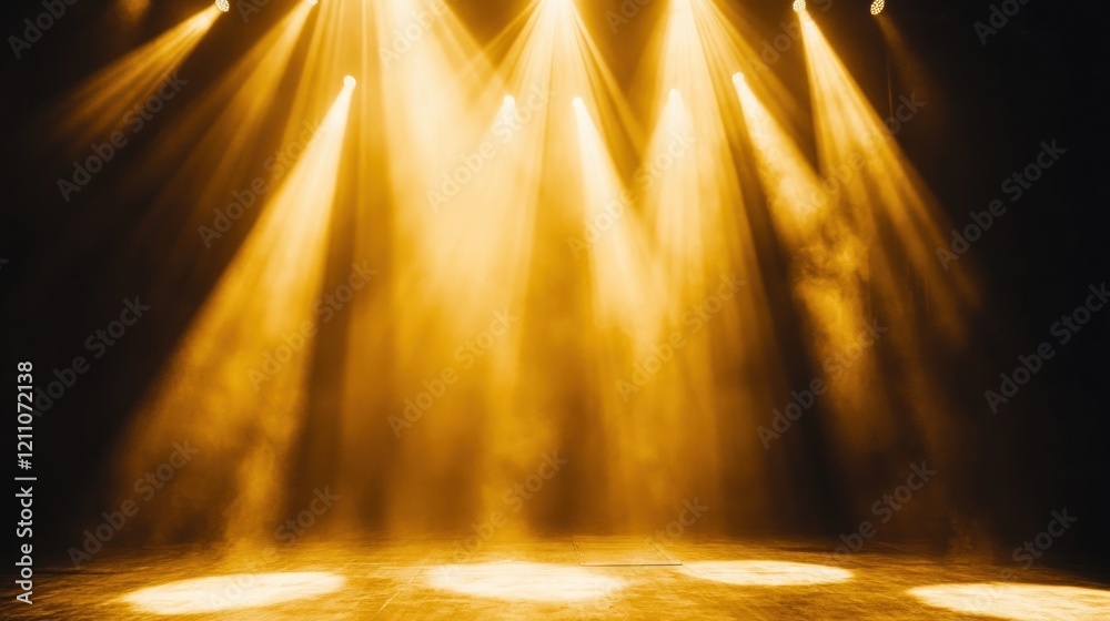 Dramatic stage lighting with golden beams and smoke creating an ...