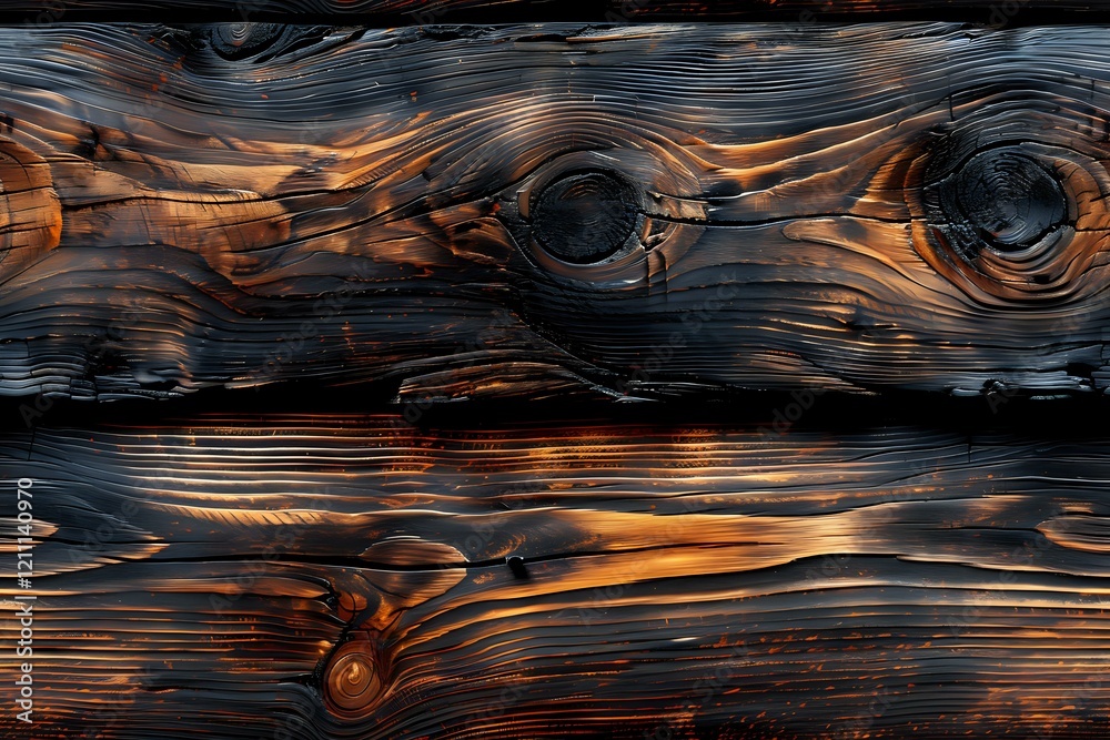 Dramatic charred wood texture with deep black burn marks and golden ...