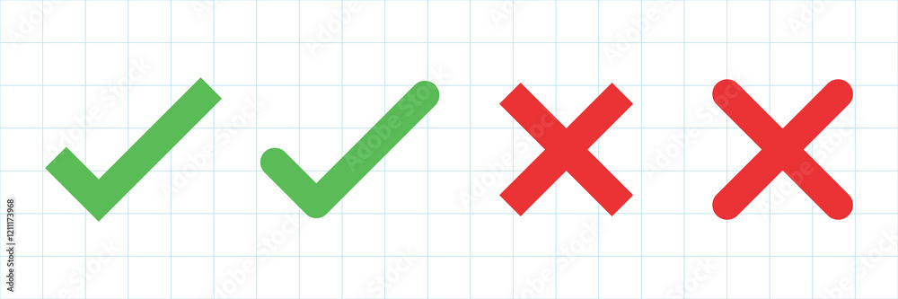 Green check marks and red crosses on a grid background. Check marks indicate approval. Crosses ...
