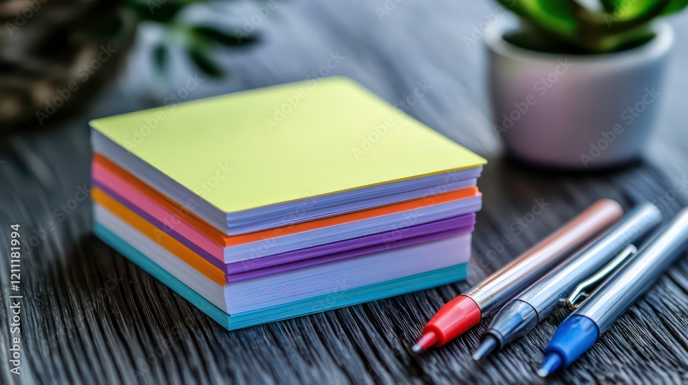 A stack of flashcards for studying, neatly color-coded with pens beside ...
