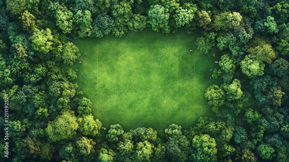 top down public park view, sweeping athletic field expanse, lush forest ...