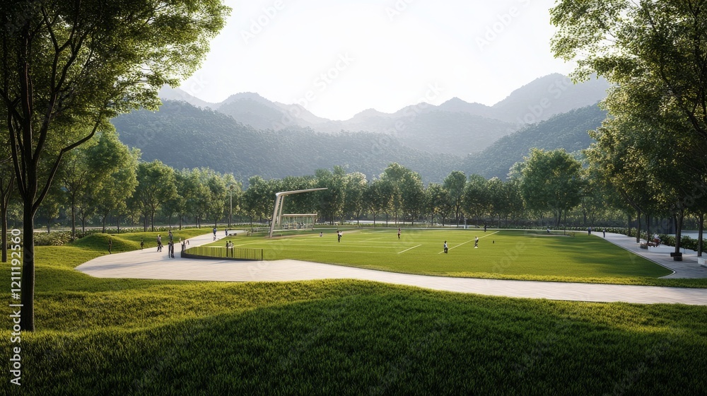 elevated parkland scene, pristine sports ground layout, dense tree line ...