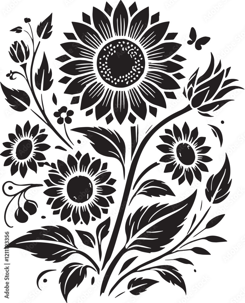 Black Color Sunflowers Silhouette Vector Illustration, Solid White ...