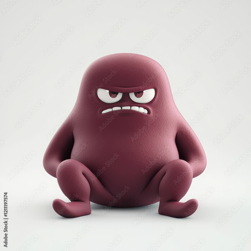 3D cartoon character, blob monster, mauve color, angry expression ...