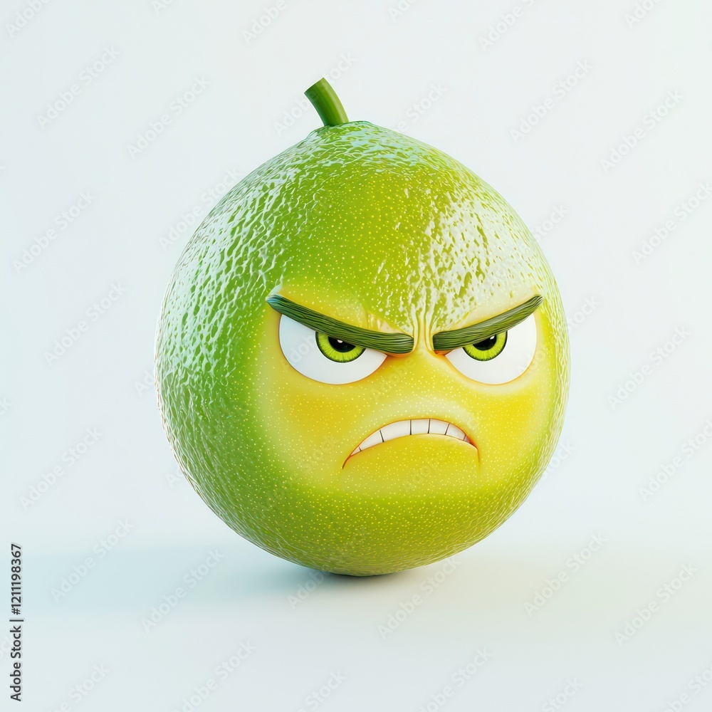 Green lime character, anthropomorphic fruit, angry expression, furrowed ...