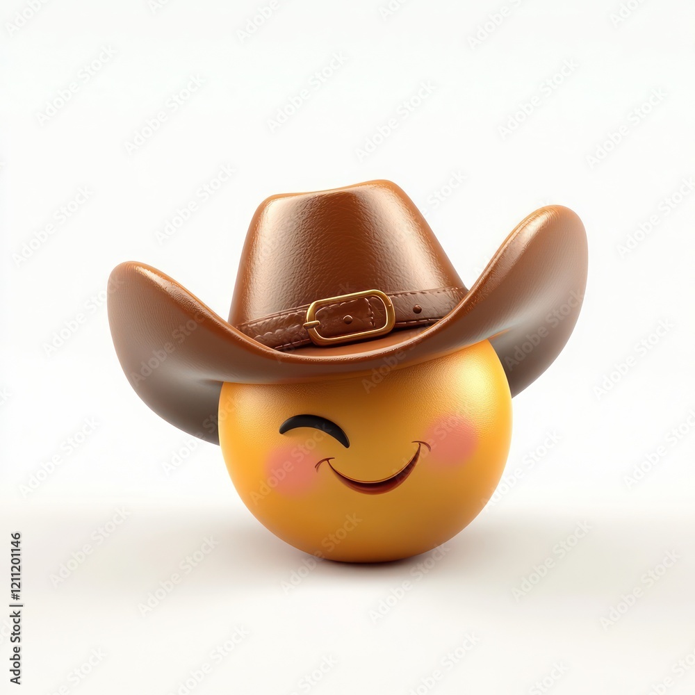 Cute gold emoji ball, brown cowboy hat, winking face, 3D render, glossy ...