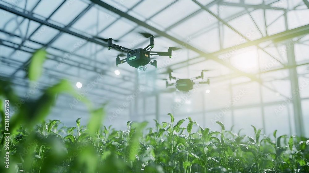 Autonomous robotic farming drones in a futuristic greenhouse, indoor ...