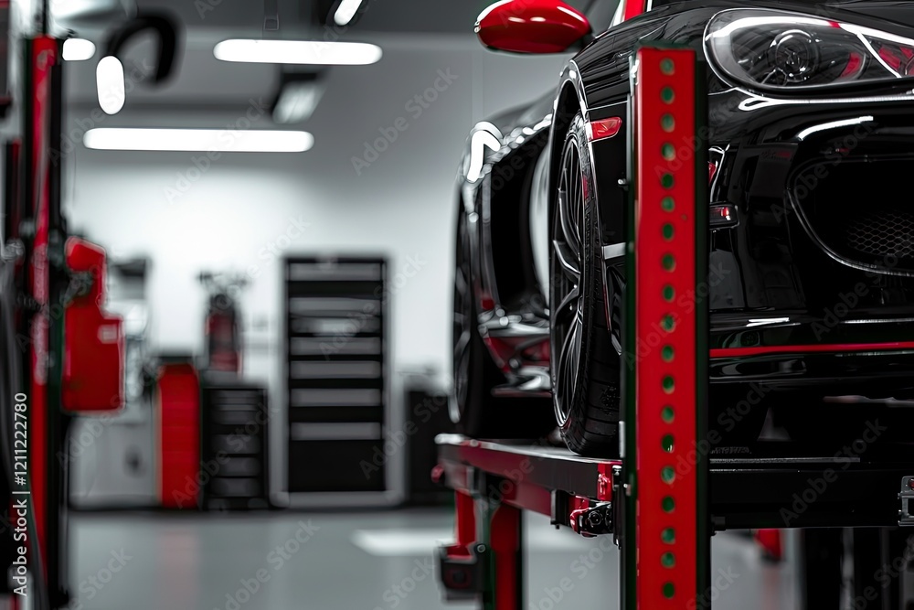 Car repair shop with a car on a lift, a black and red color palette ...