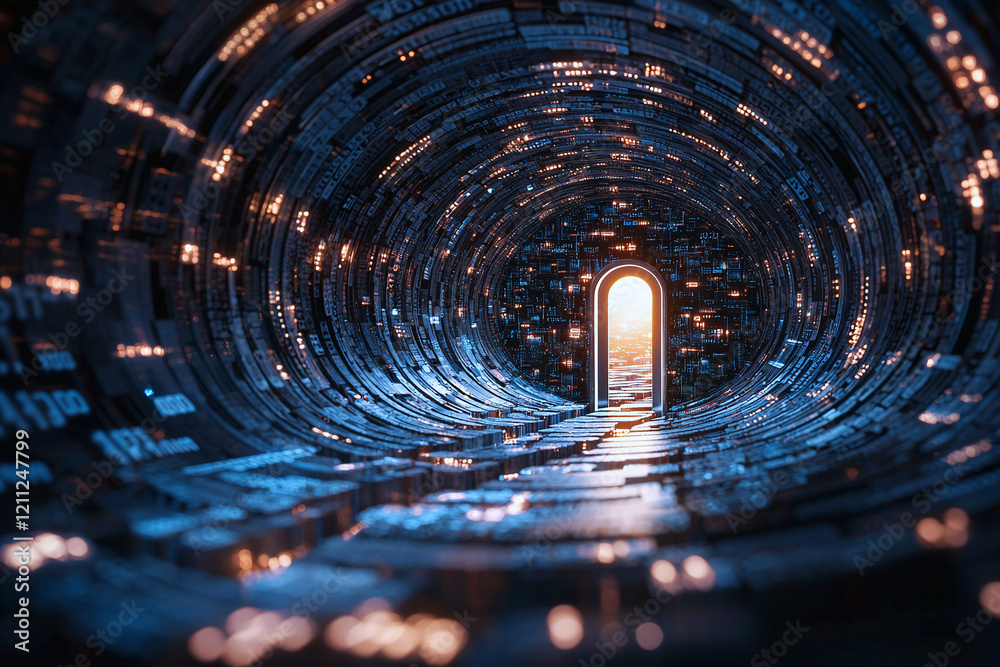 Binary digits swirl around a glowing keyhole, representing secure data ...