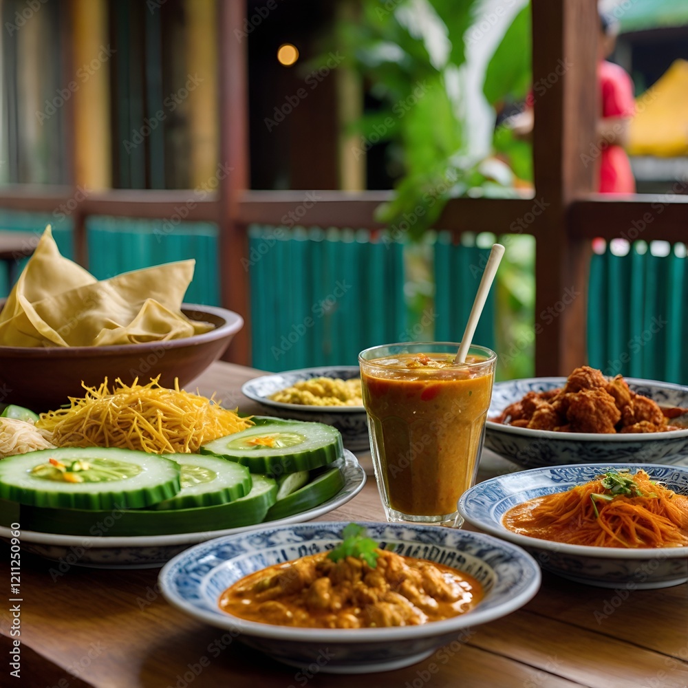 Foto de Stock traditional Malaysian food, Nasi Lemak, Roti Canai, Satay ...