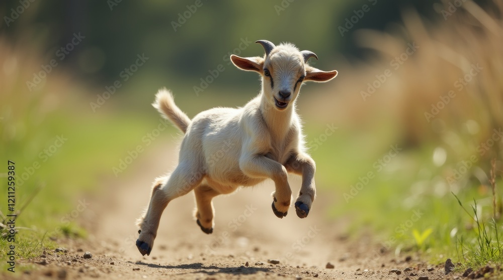 Baby goat mid-leap, legs stretched, hovering above the ground with a ...