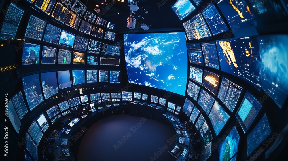 High-resolution satellite imaging control room, command center with ...