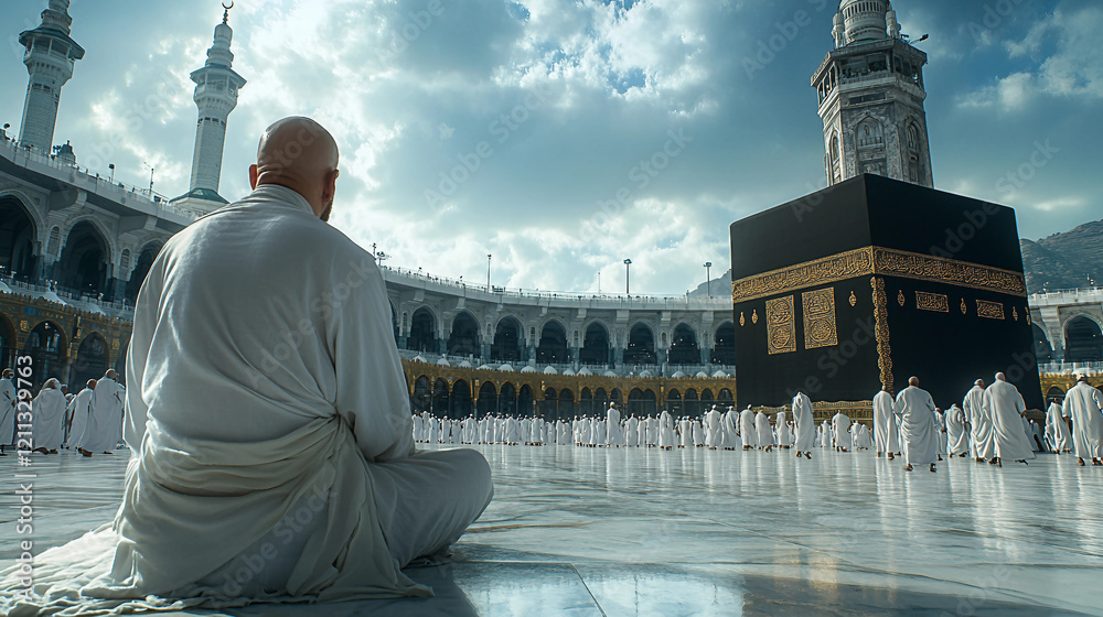 A Muslim pilgrim man with a bald head wearing traditional white ihram ...