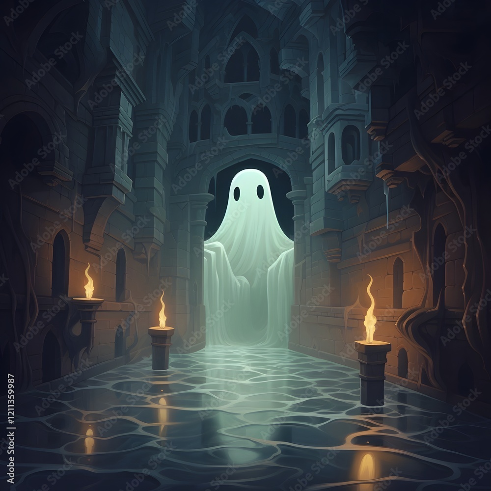 Mysterious ghost cartoon character floating ominously inside the gloomy ...