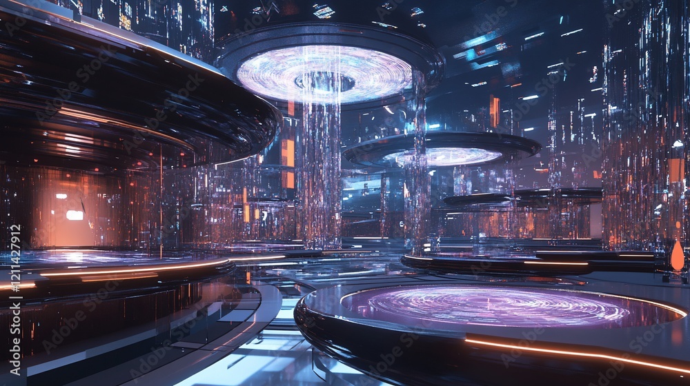 Futuristic city night scene, glowing towers, data streams, digital rain ...