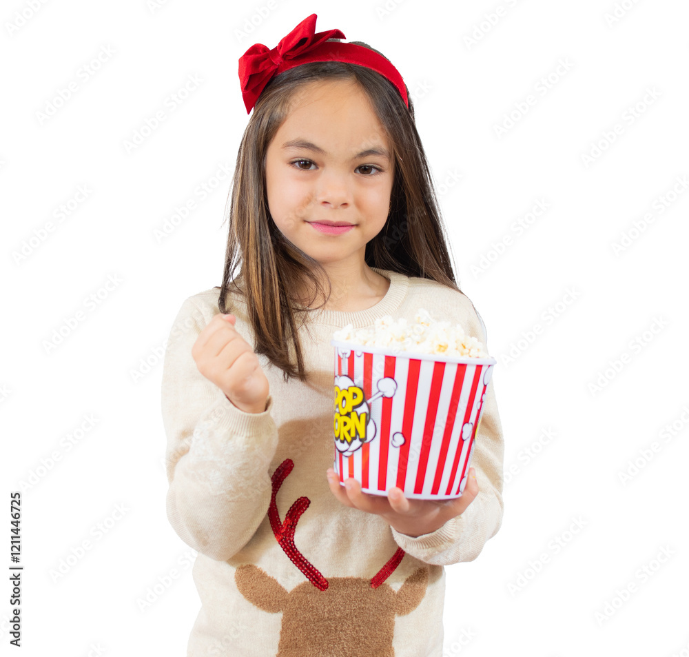 Beautiful little girl eating popcorn over transparent background. PNG ...