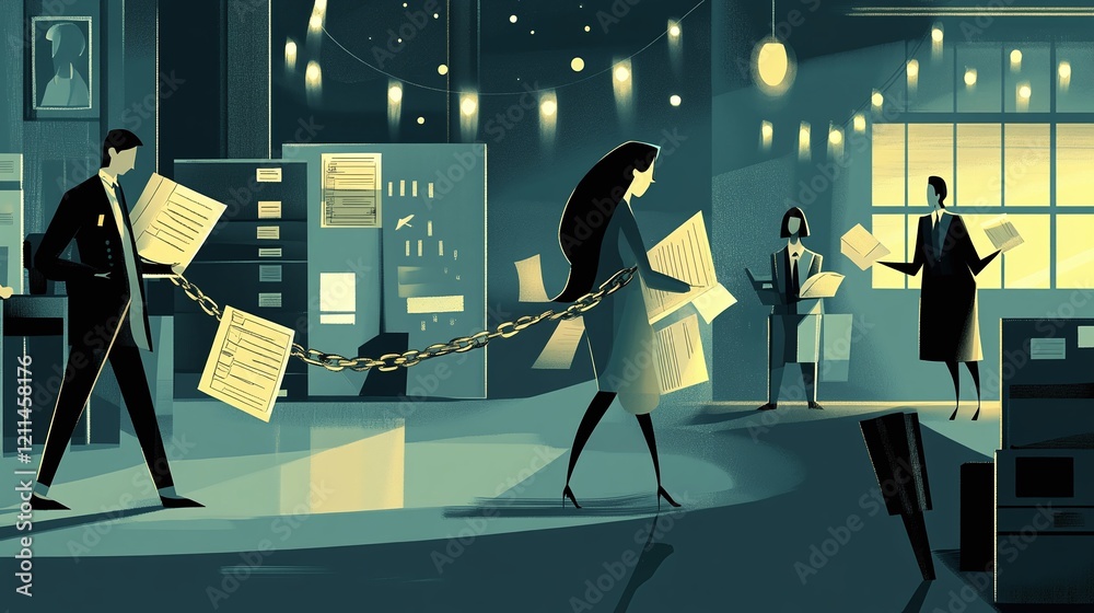 A worker dragging a chain of documents and folders labeled 'late-night ...