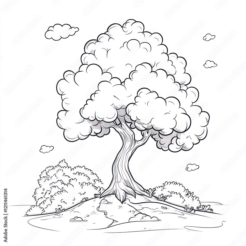 Cartoon tree illustration, outdoors, coloring page, whimsical ...